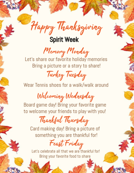 White Floral Happy Thanksgiving Spirit Week Flyer (us Letter) Template ...
