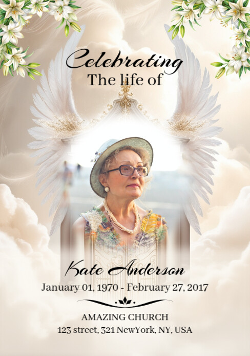 White Floral Heaven Gate Funeral Program A5 Template | PosterMyWall