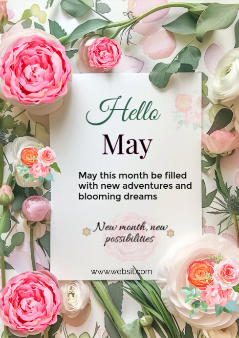 White Floral Hello May A4 Template | PosterMyWall
