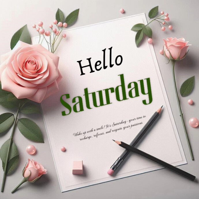 White Floral Hello Saturday Logo Template | PosterMyWall