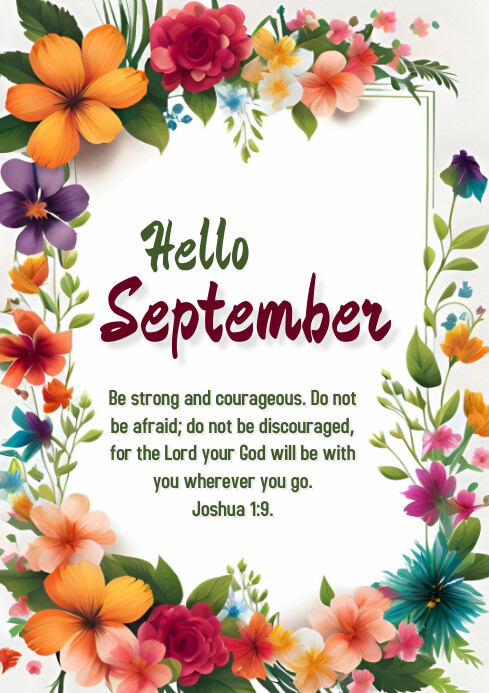 White Floral Hello September A4 Template | PosterMyWall