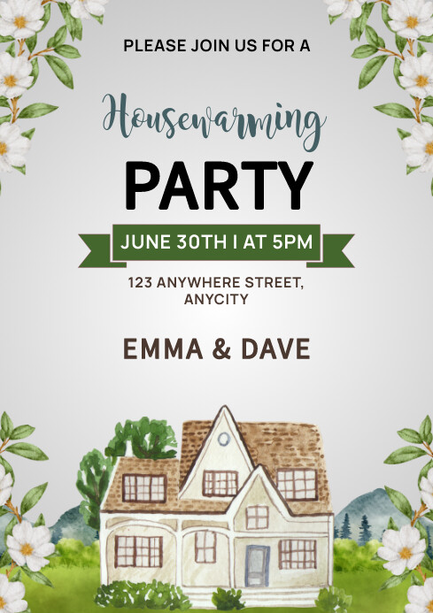 Plantilla De White Floral Housewarming Party Invitation A4 Postermywall