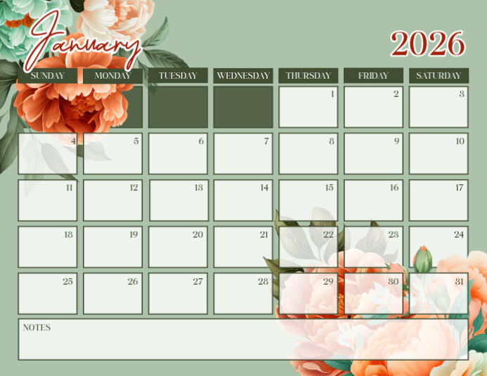 Copy of White Floral January Calendar 2026 Flyer (us Letter) | PosterMyWall
