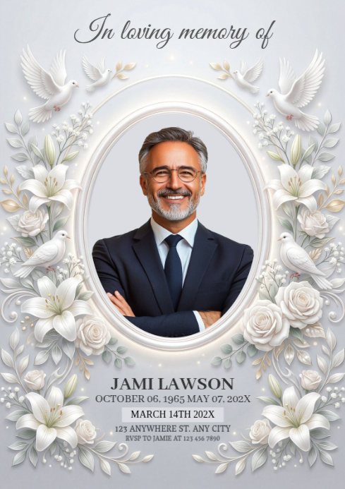 White Floral Memorial Service A4 Template | PosterMyWall