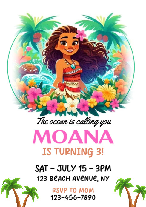 White Floral Moana-birthday-invitation-design- A4 Template | PosterMyWall