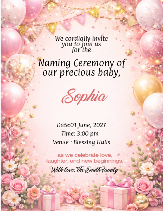 White Floral Naming Ceremony Invitation Flyer (us Letter) Template ...