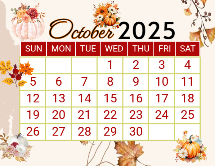 White Floral October 2025 Calendar Flyer (us Letter) Template ...