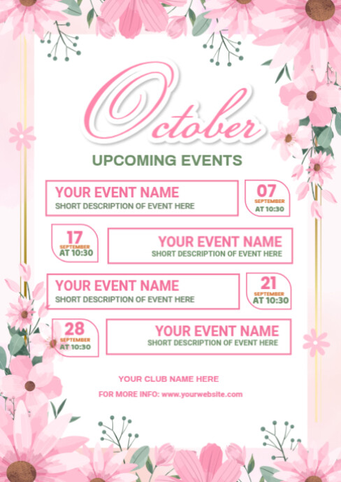 Copy of White Floral October Upcoming Events Calendar A6 | PosterMyWall