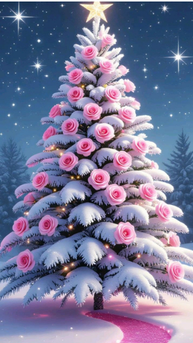 White Floral Pink Rose Winter Christmas Tree -enchanted Snow Scene ...