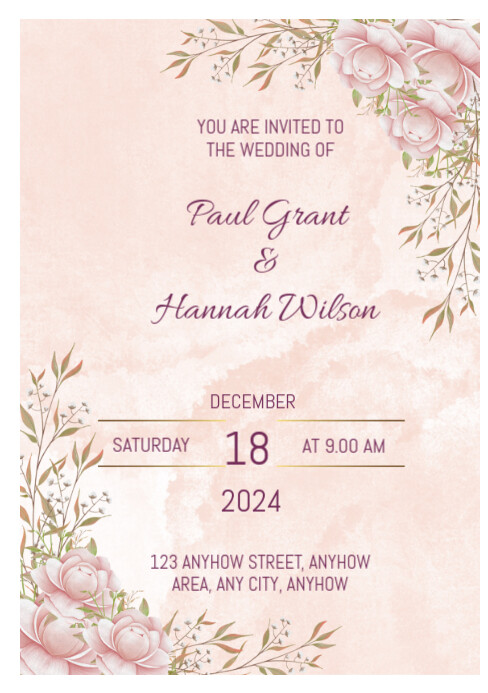 White Floral Pink Wedding Invite A5 Template | PosterMyWall