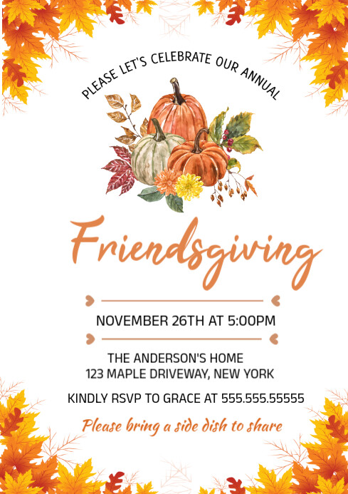 White Floral Pumpkin Friendsgiving Invitation Template A4 | PosterMyWall