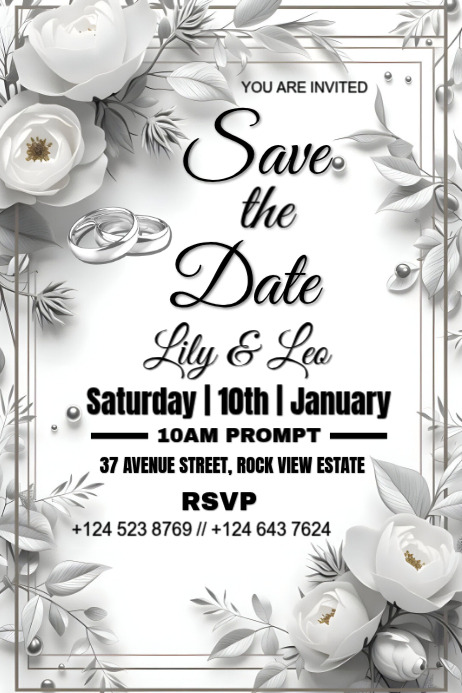 White Floral Save The Date Poster Template | PosterMyWall