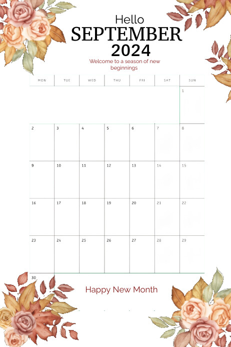 White Floral September 2024 Calendar Poster Template | PosterMyWall