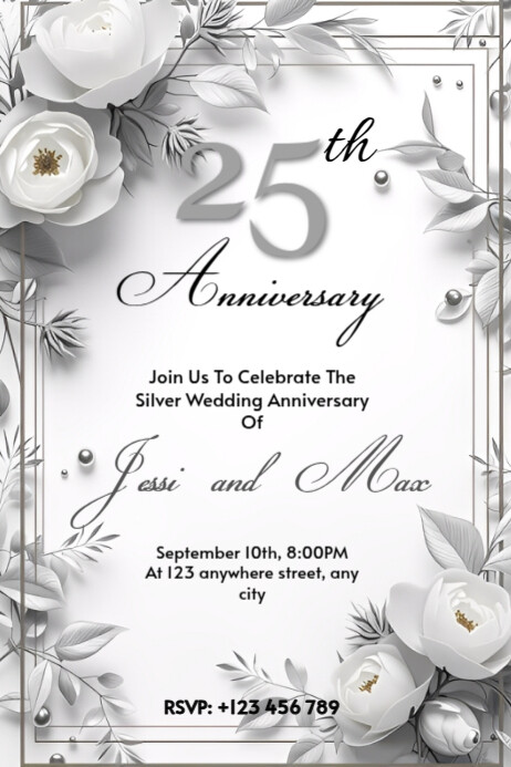 White Floral Silver Jubilee Anniversary Poster Template | PosterMyWall