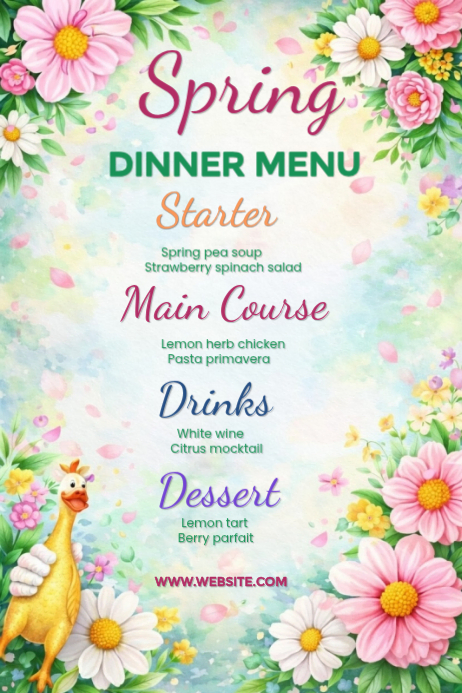 White Floral Spring Dinner Menu Poster Template | PosterMyWall