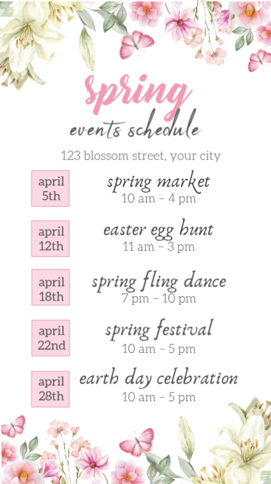 Spring Events Schedule Template | PosterMyWall