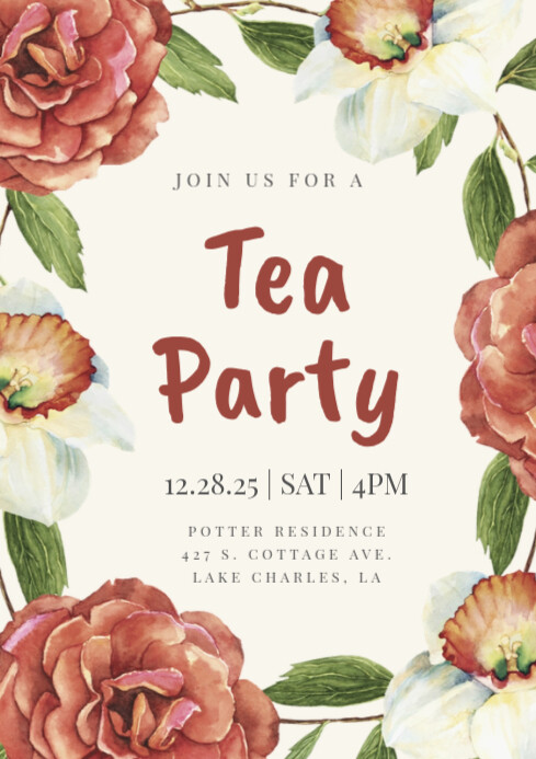 White Floral Tea Party Invitation A4 Template | PosterMyWall