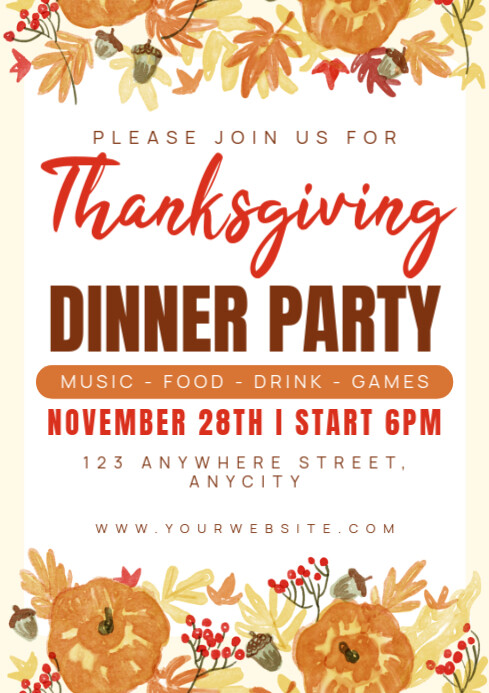 White Floral Thanksgiving Dinner Party A2 Template | PosterMyWall