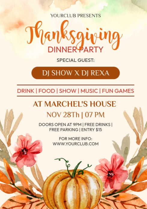 White Floral Thanksgiving Dinner Party Invitation A4 Template ...