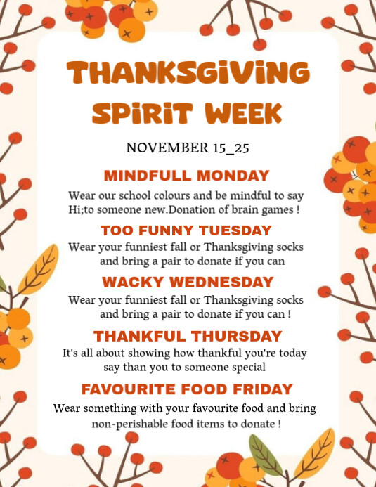 Plantilla de White Floral Thanksgiving Spirit Week Flyer (us Letter ...
