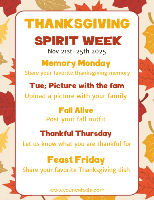 White Floral Thanksgiving Spirit Week Flyer (us Letter) Template ...