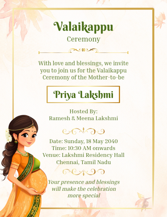 White floral valaikappu ceremony invitation card template | PosterMyWall