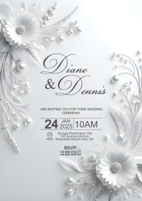 White Floral Wedding Invitation A4 Template | PosterMyWall