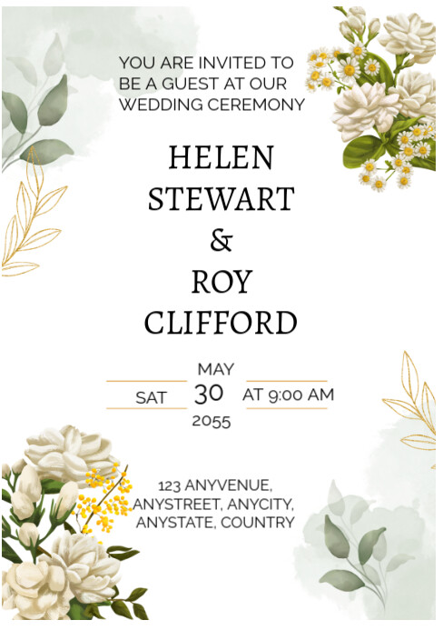 White Floral Wedding Invitation A5 Templat | PosterMyWall