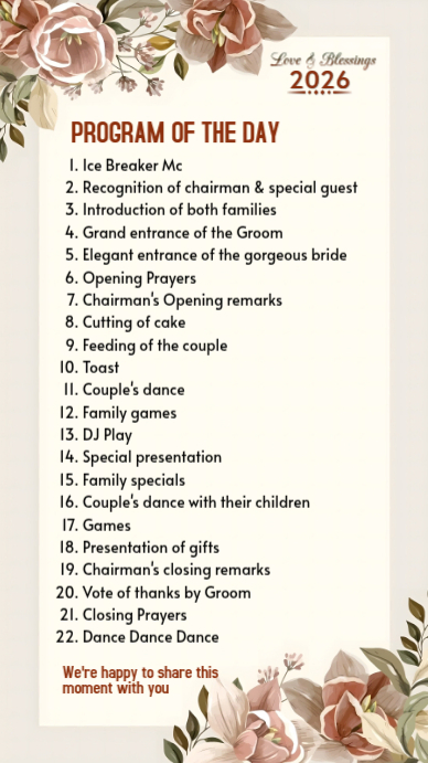 White Floral Wedding Program | Editable Program Of The Day Template ...