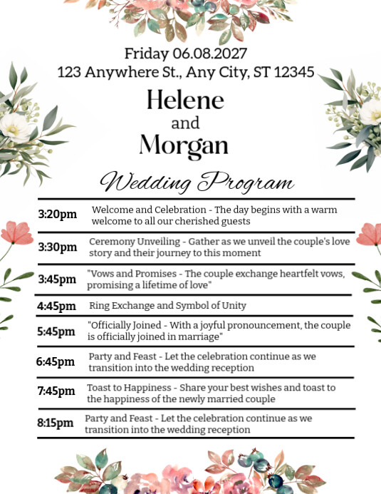 White Floral Wedding Program Flyer (us Letter) Template | PosterMyWall