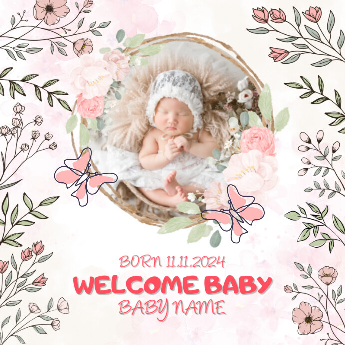 White Floral Welcome Baby Pos Instagram Template | PosterMyWall