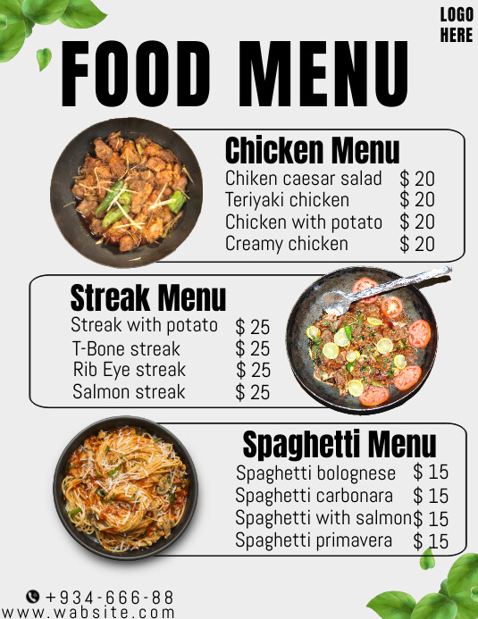 White Food Menu Flyer (us Letter) Template | PosterMyWall