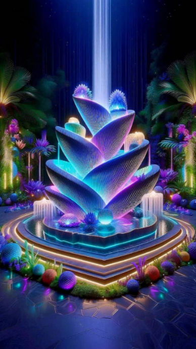 White Futuristic Futuristic Neon Flower Fountain Light Installation ...