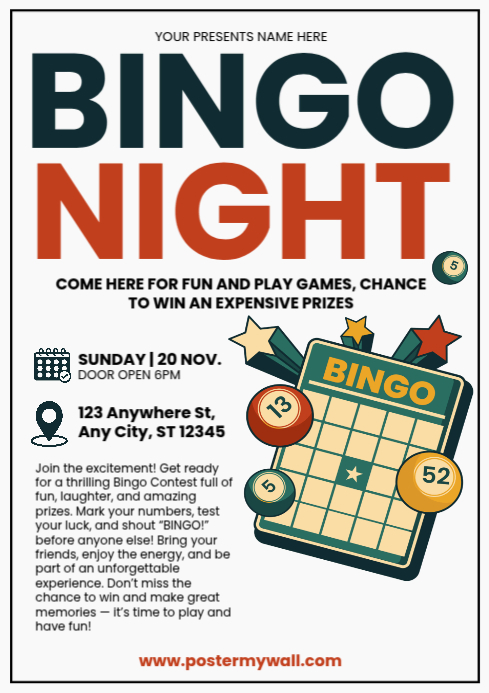 White Geometric Bingo Night Event Invitation A4 Template | PosterMyWall