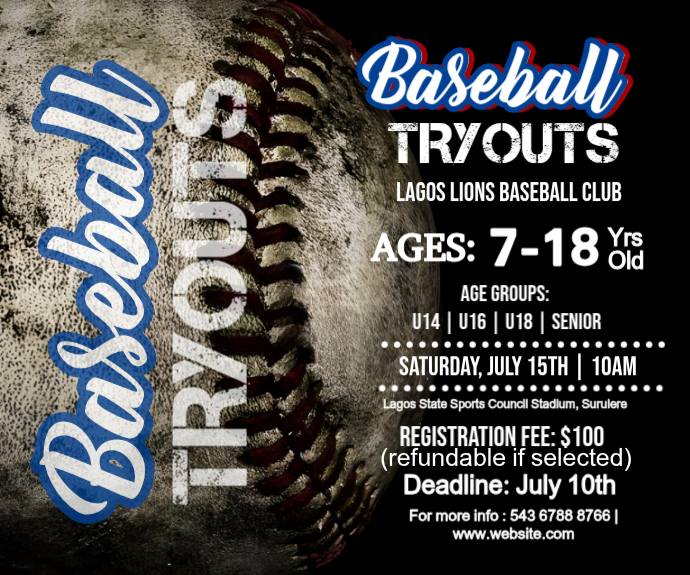 White Grunge Baseball Tryouts Medium Rectangle Template | PosterMyWall