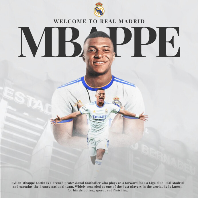 Copy of White Grunge Welcome To Real Madrid Mbappe In | PosterMyWall
