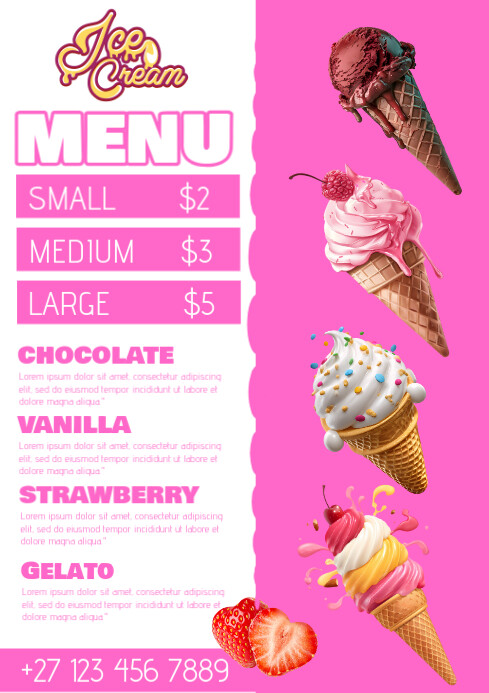 Modèle White Ice-cream-menu-template-design A3 | PosterMyWall
