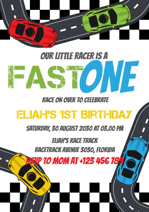 White Illustrative A Car Track Birthday Party Invitation A5 Template ...