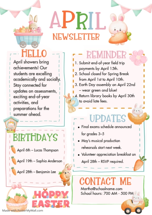 White Illustrative April Newsletter A4 Template | PosterMyWall