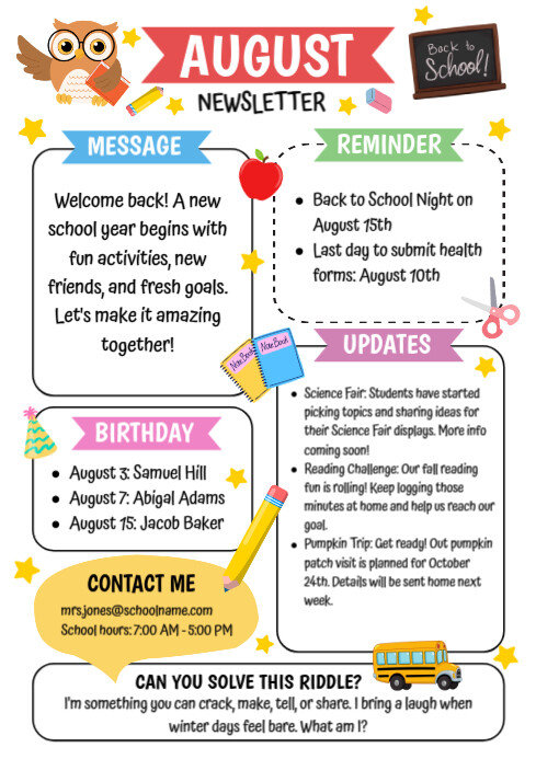 White Illustrative August Newsletter A4 Template | PosterMyWall
