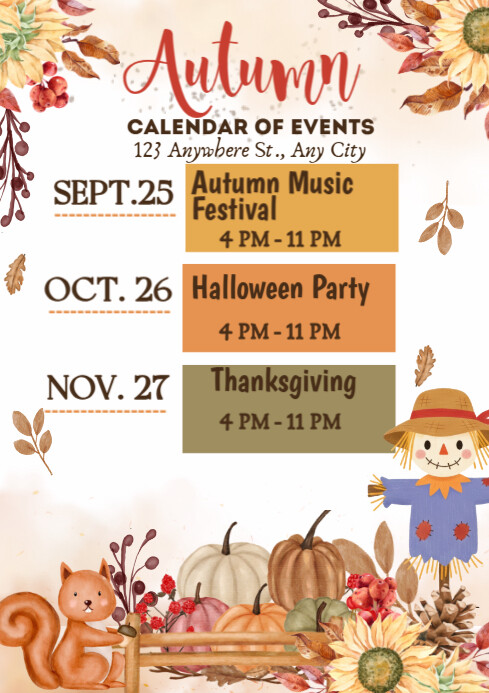 White Illustrative Autumn Calendar Of Events A4 Template | PosterMyWall