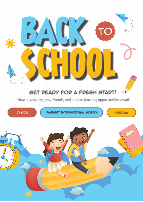 White Illustrative Back To School A4 Template | PosterMyWall