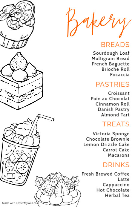 White Illustrative Bakery Menu Poster Template | PosterMyWall