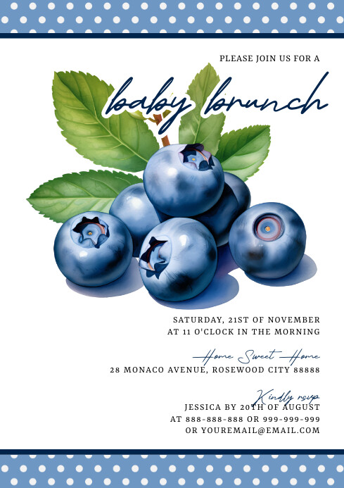 White Illustrative Blueberry Baby Shower Invi Template | PosterMyWall