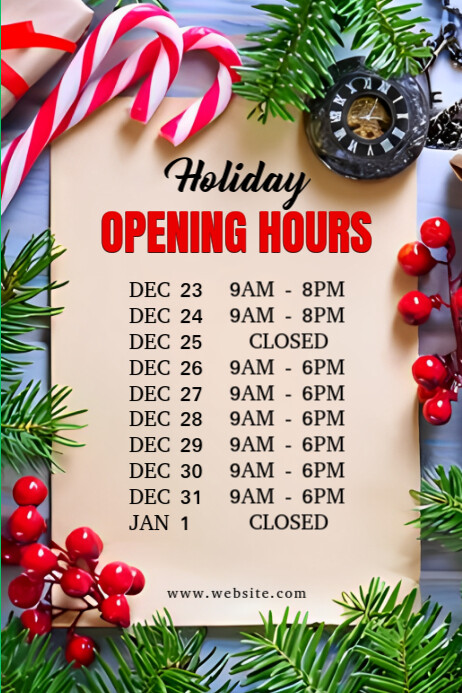 White Illustrative Brown And White Background Typography Holiday Opening Hours Poster Template ...