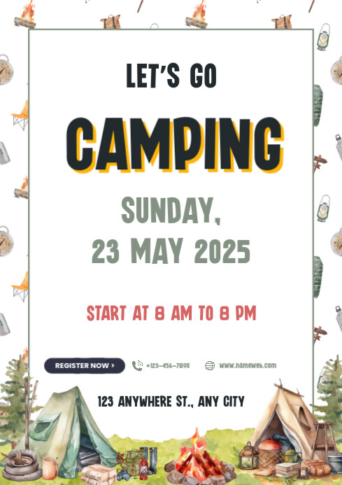 White Illustrative Camping Poster A4 Template | PosterMyWall