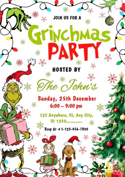 White Illustrative Christmas Grinch Party Invitation A4 Template ...