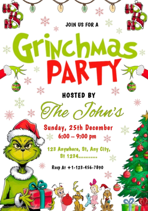 White Illustrative Christmas Grinch Party Invitation A4 Template ...