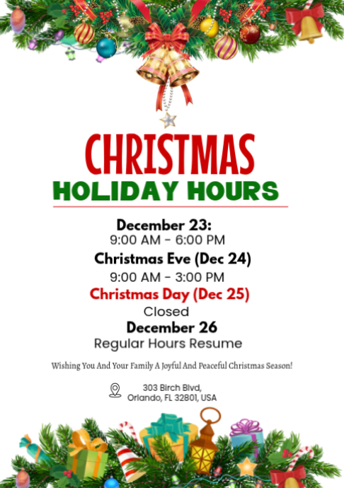 White Illustrative Christmas Holiday Hours A2 Template | PosterMyWall