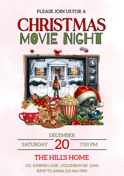 White Illustrative Christmas Movie Night Invitation A4 Template ...